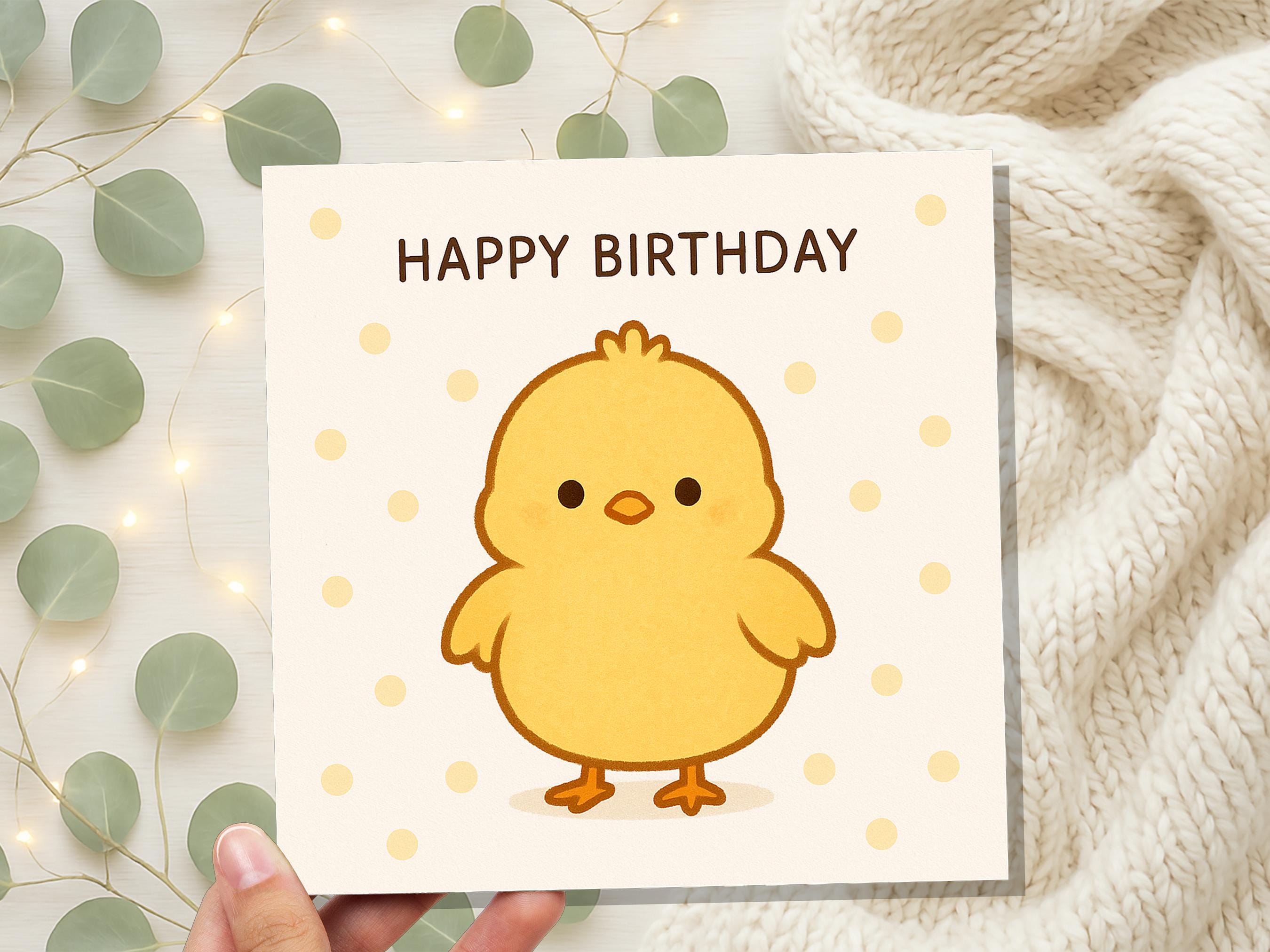 Cute Happy Birthday Chick Card, Kawaii Baby Bird Illustration, Kids ...