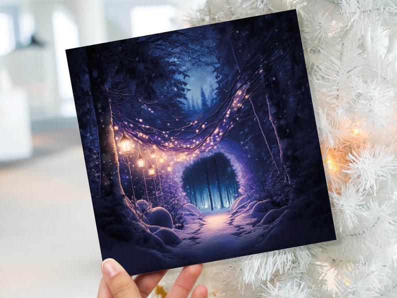 Winter Wonderland Christmas Card With Cosy Fairy Lights Snow Purple ...