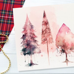 Watercolour Christmas Trees Card Beautiful Pink Messy Painting Splashes ...