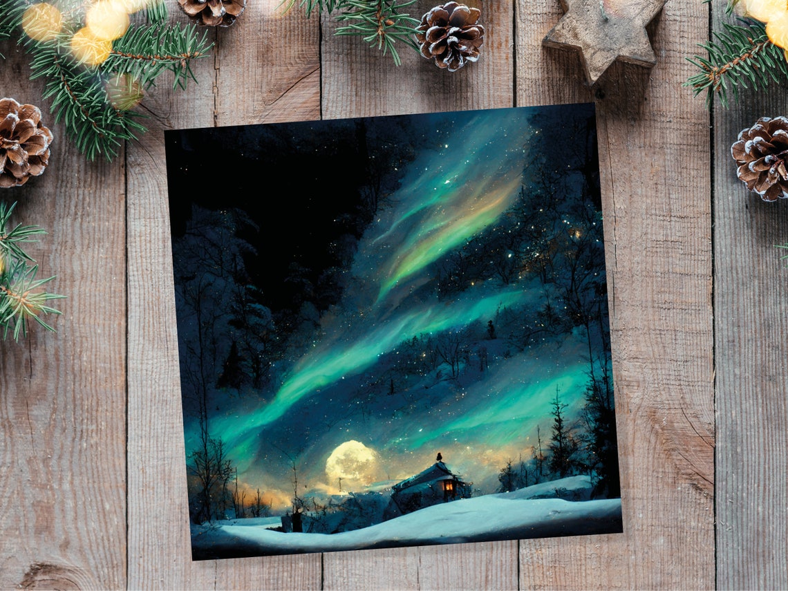 Aurora Borealis Card Northern Lights Moon Glowing Winter Sky ...