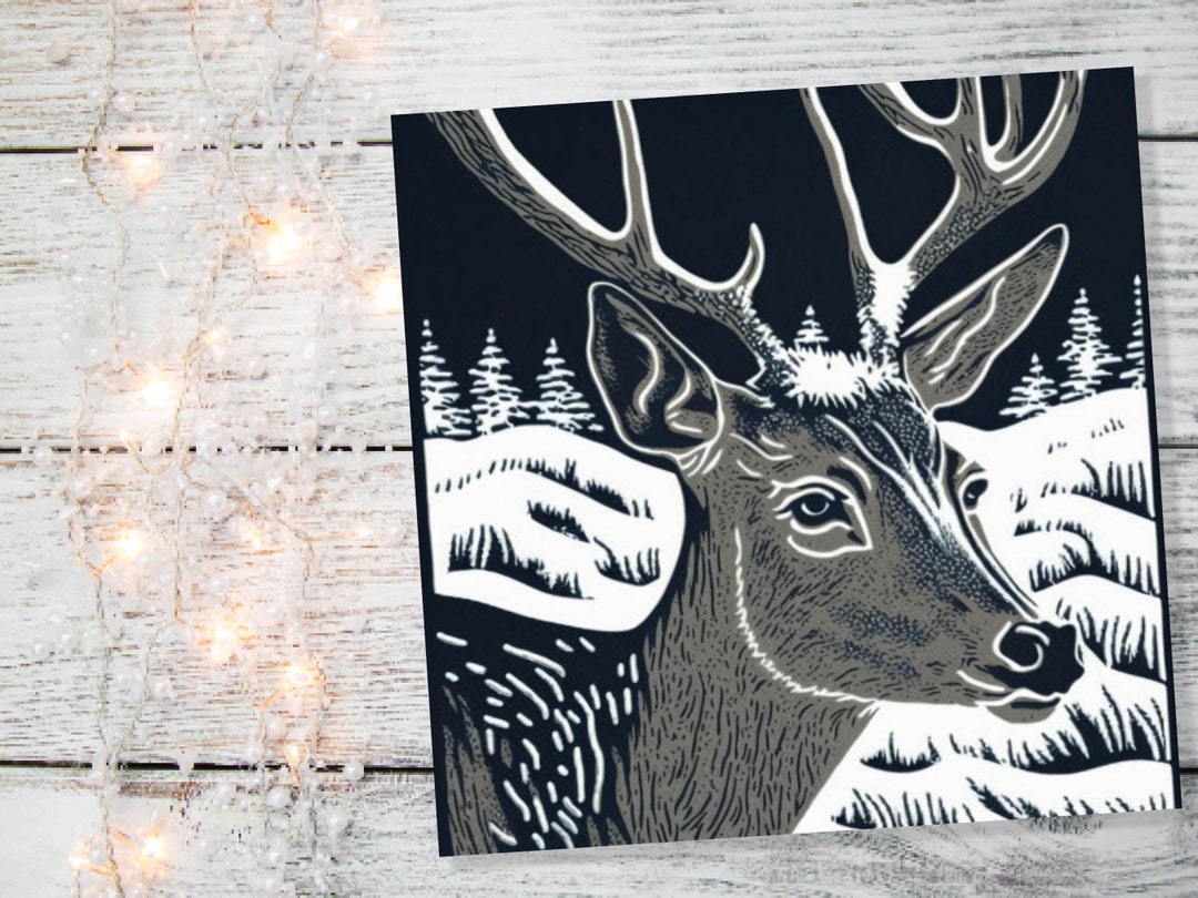 Linocut Deer Card Black and White Snowy Winter Landscape Night Sky ...
