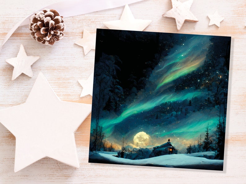 Aurora Borealis Card Northern Lights Moon Glowing Winter Sky ...