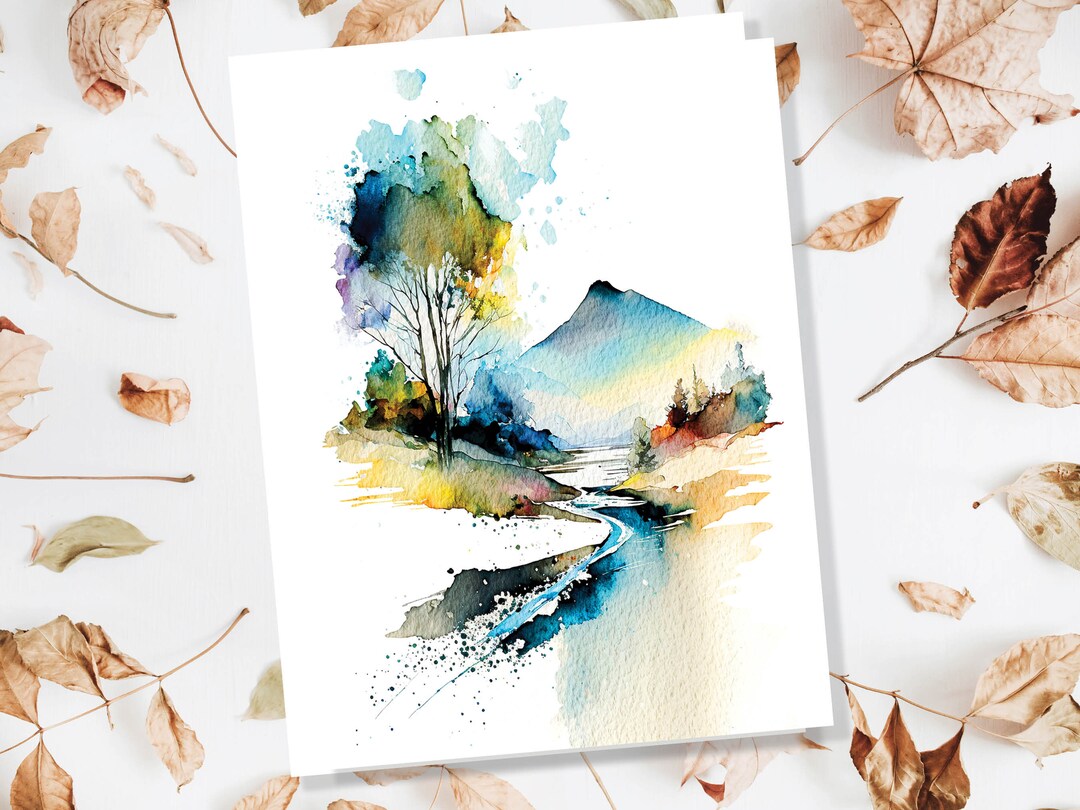 Mountain Card Watercolour Volcano Landscape Painting Scene Travel ...