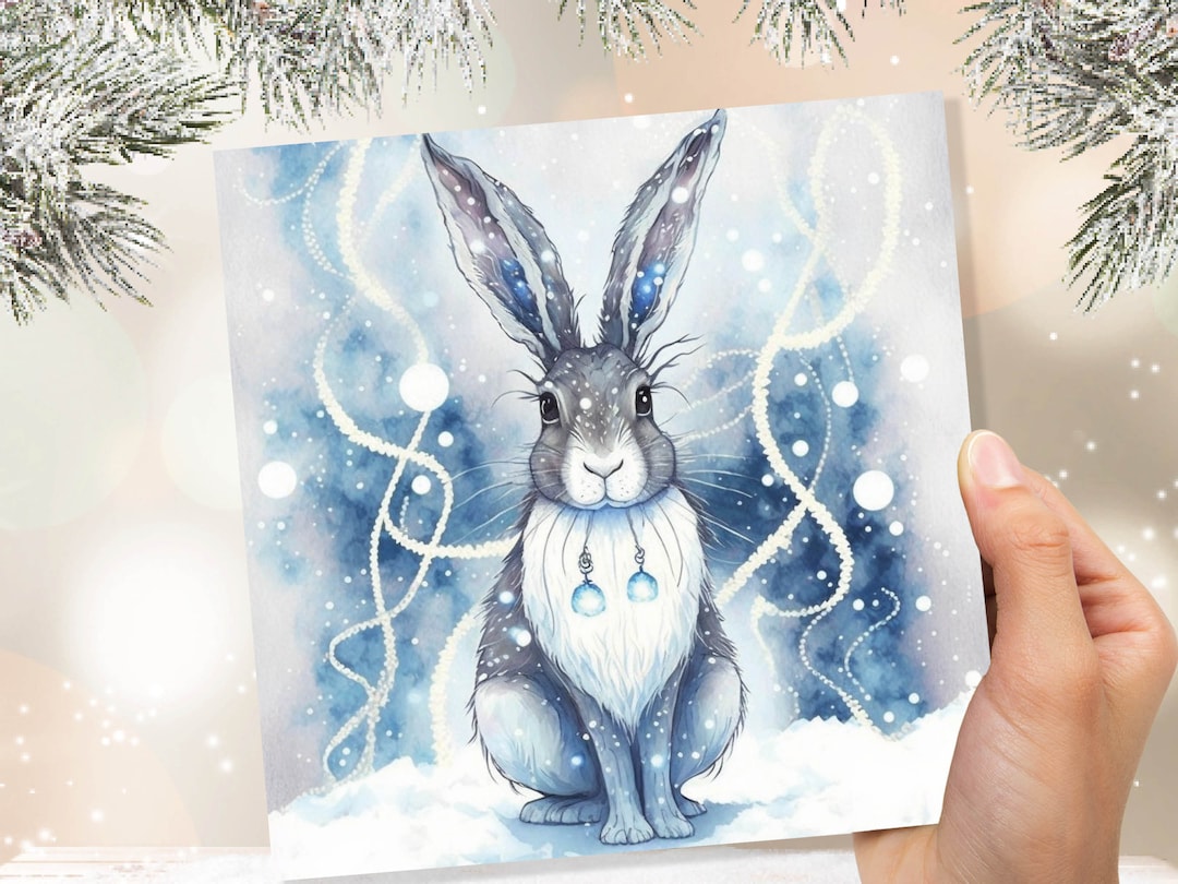 Magical Hare Card Beautiful Blue Winter Watercolour Snow Scene Snowy ...