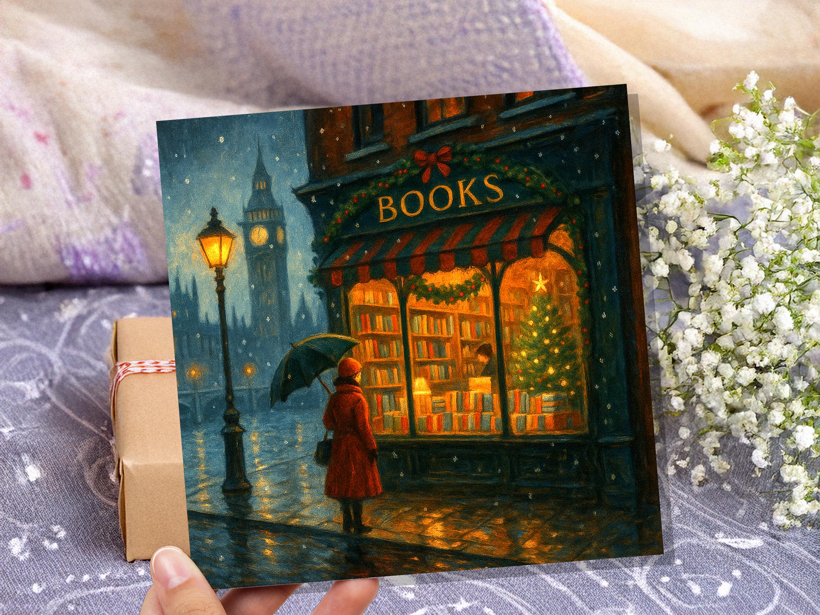 London Christmas Bookshop Card Big Ben Snow Scene Winter City Night ...