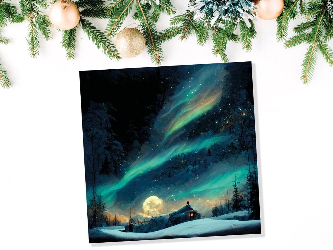 Aurora Borealis Card Northern Lights Moon Glowing Winter Sky ...