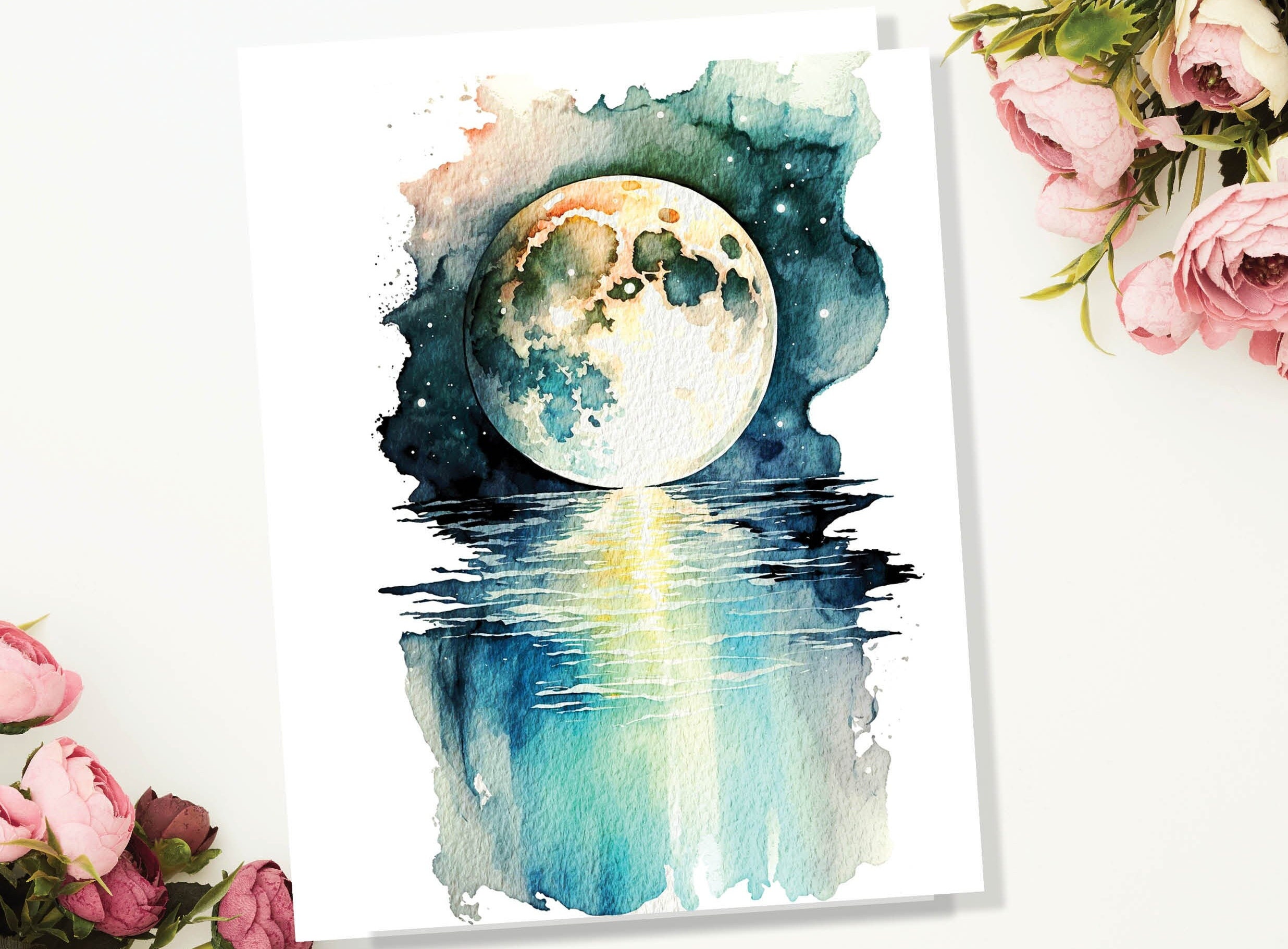 Moon Over Water Card Full Moon Rise Lunar Moonrise Stars Rising Lake ...