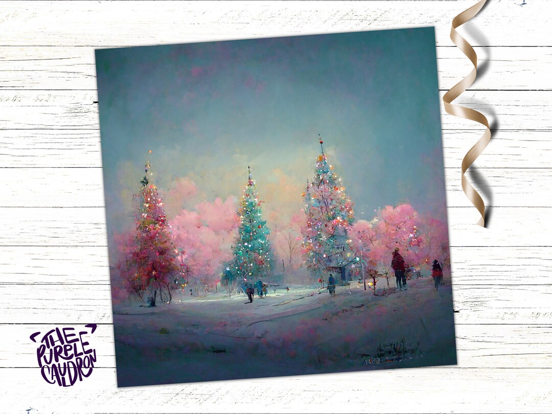 Pastel Christmas Trees Card Whimsical Snow Scene in Shades of Pink ...
