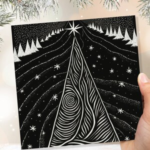 Black Christmas Tree Card Linocut Monochrome Magical Stars Starry ...