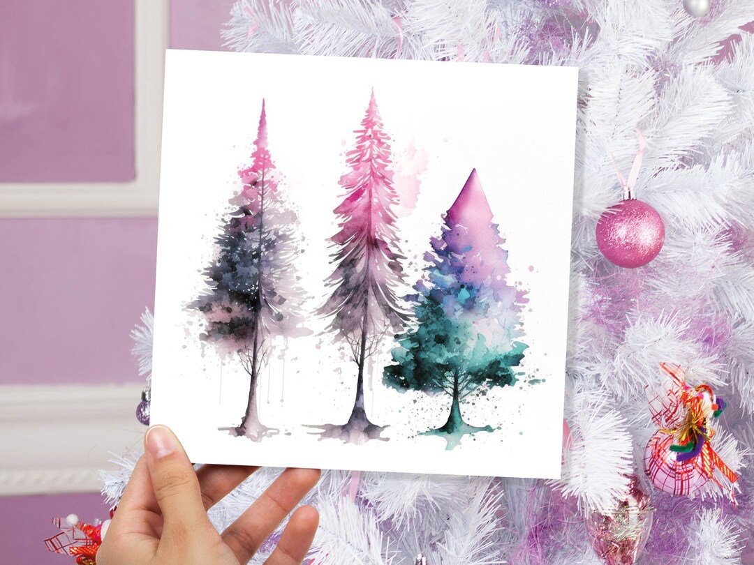 Messy Watercolour Trees Christmas Card Teal Purple Pink Green Modern ...