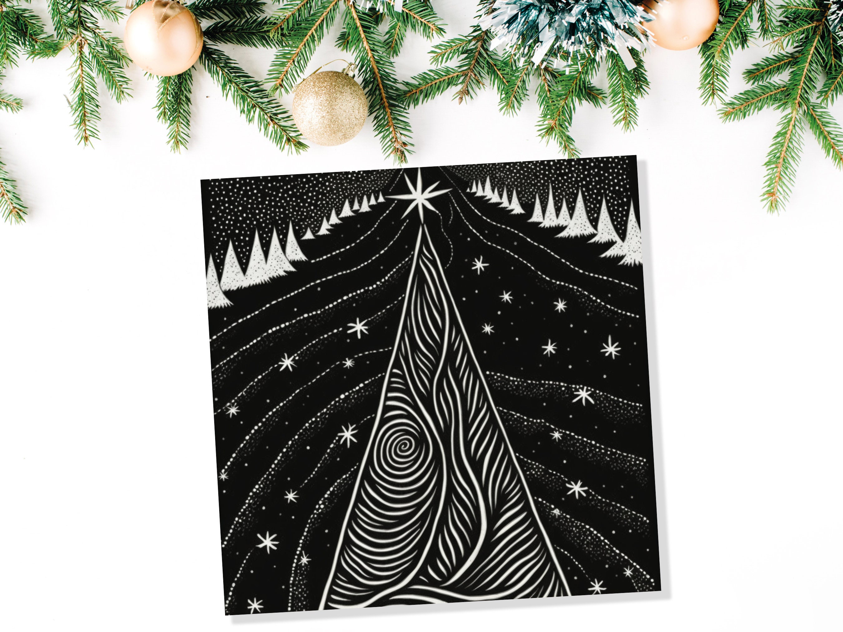 Black Christmas Tree Card Linocut Monochrome Magical Stars Starry ...