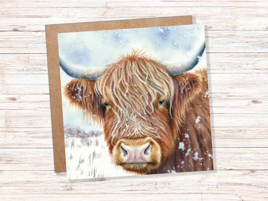 Highland Cow Greeting Card Scottish Highlands Watercolour Winter Snow ...