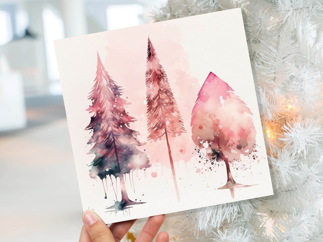 Watercolour Christmas Trees Card Beautiful Pink Messy Painting Splashes Modern Elegant Fir Tree ...