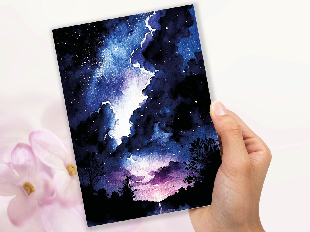 Watercolour Night Sky Card Blue Purple Starry Sunset Galaxy Stars ...