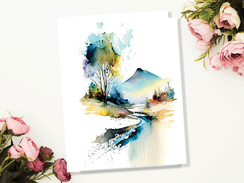 Mountain Card Watercolour Volcano Landscape Painting Scene Travel ...