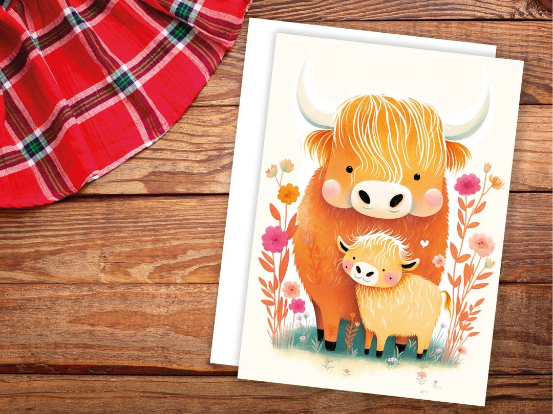 Mother and Baby Highland Cow Illustration Greeting Card Mother's Day ...