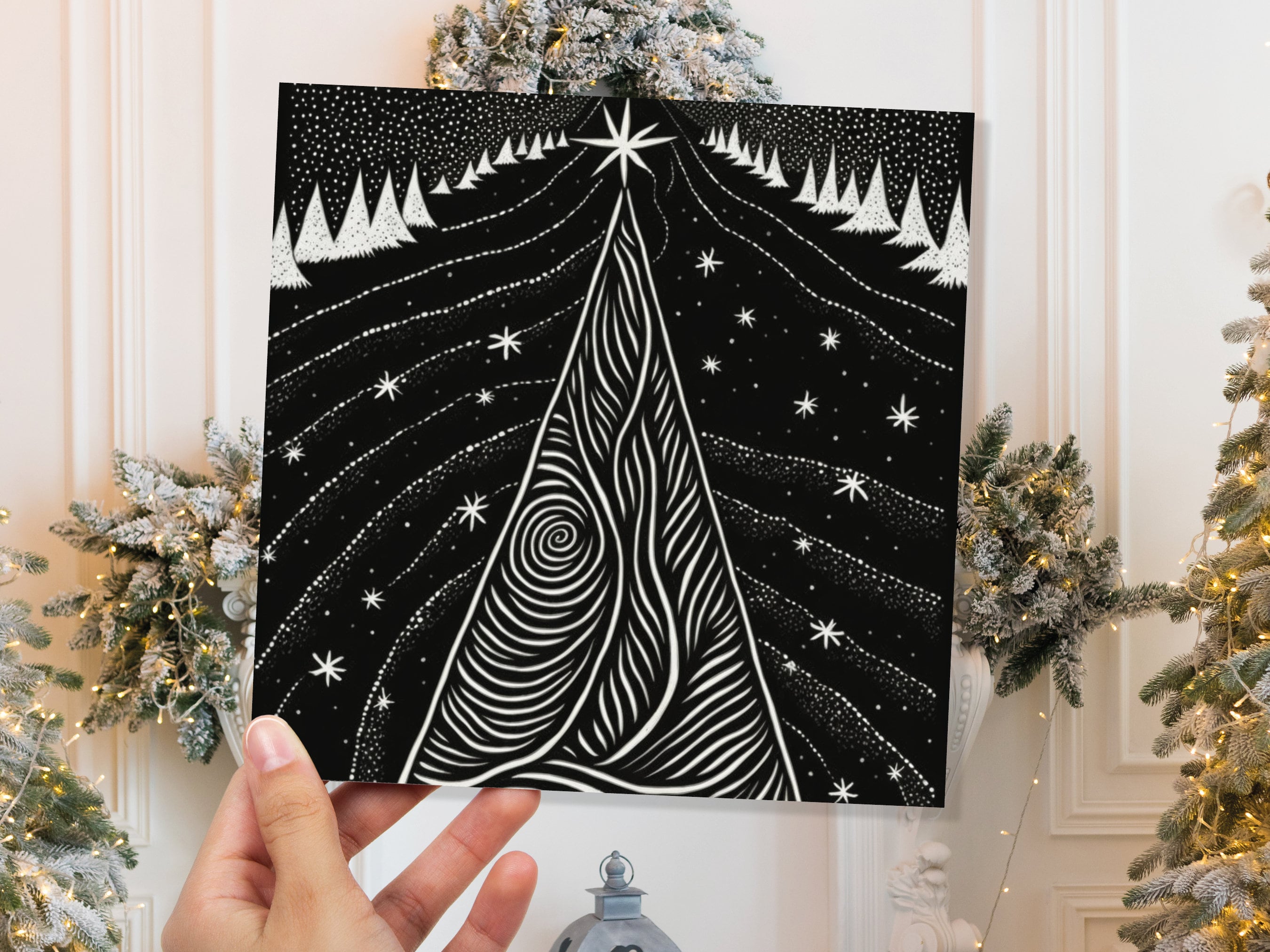 Black Christmas Tree Card Linocut Monochrome Magical Stars Starry ...
