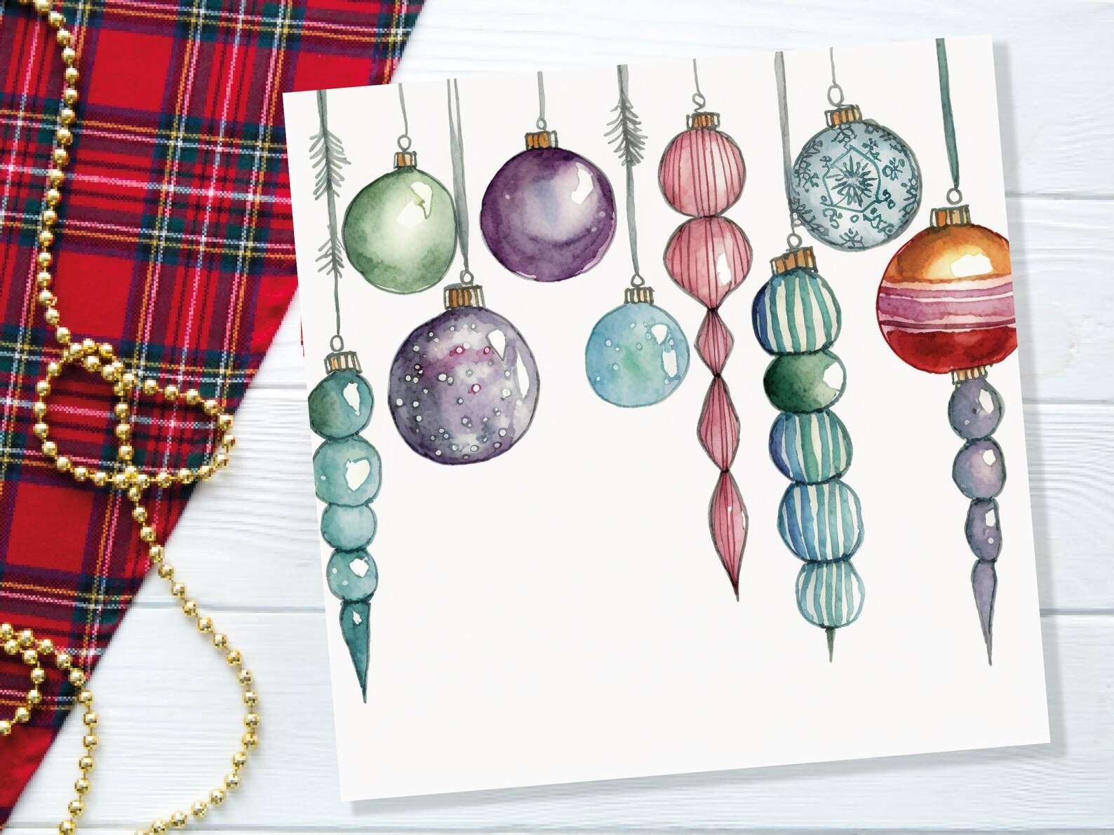 Watercolour Baubles Christmas Card Hanging Decorations Green Red White ...