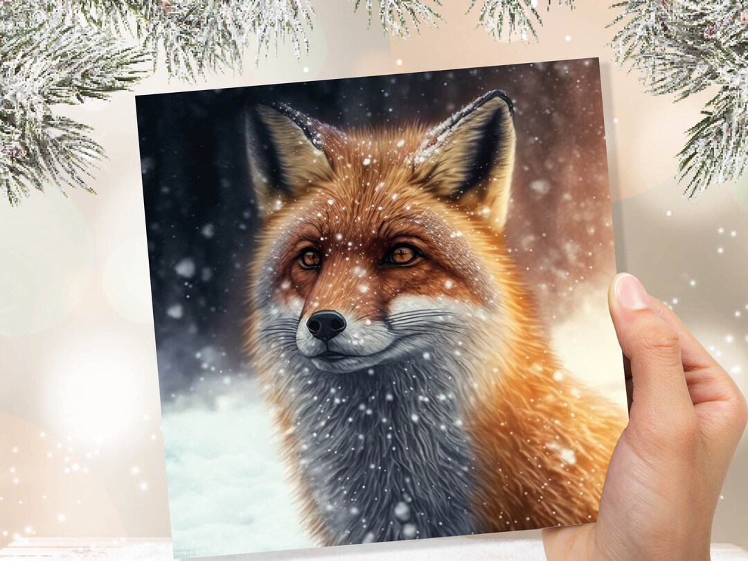 Winter Fox Card Festive Snowy Scene Snowing Tranquil Peaceful Watching ...
