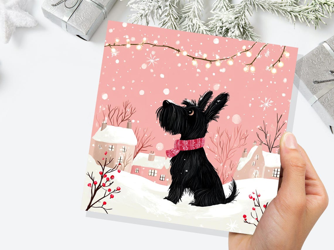 Scottie Dog Christmas Card Cute Black Pink Scottish Terrier Greeting ...