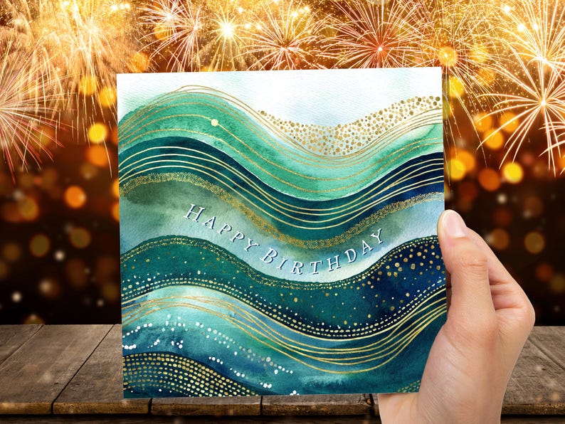 Ocean Birthday Card Luxury Watercolour Gold and Teal Waves Abstract ...