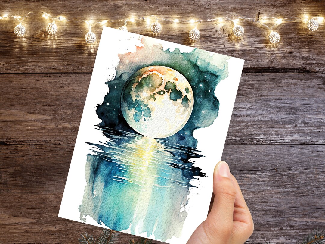 Moon Over Water Card Full Moon Rise Lunar Moonrise Stars Rising Lake ...