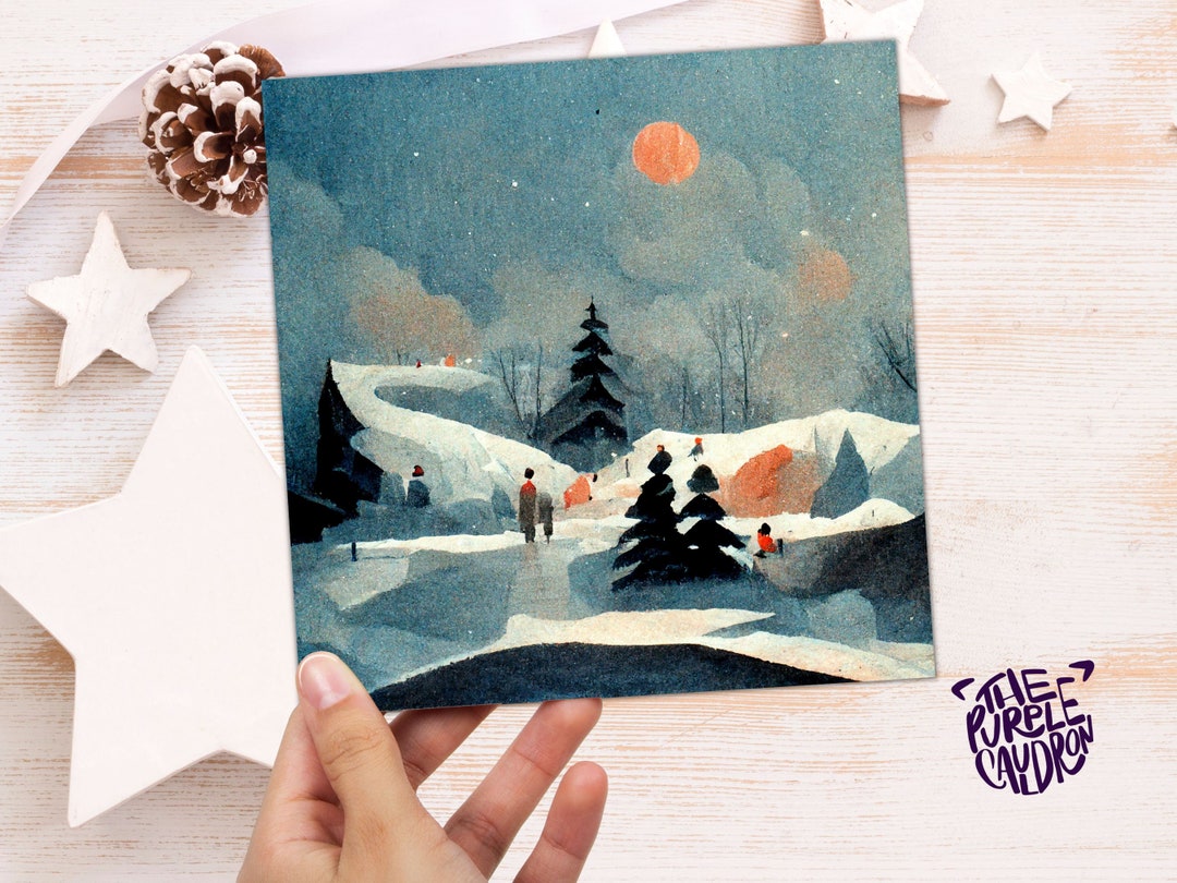 Watercolour Winter Snow Card Impressionist Scene With Trees Landscape ...