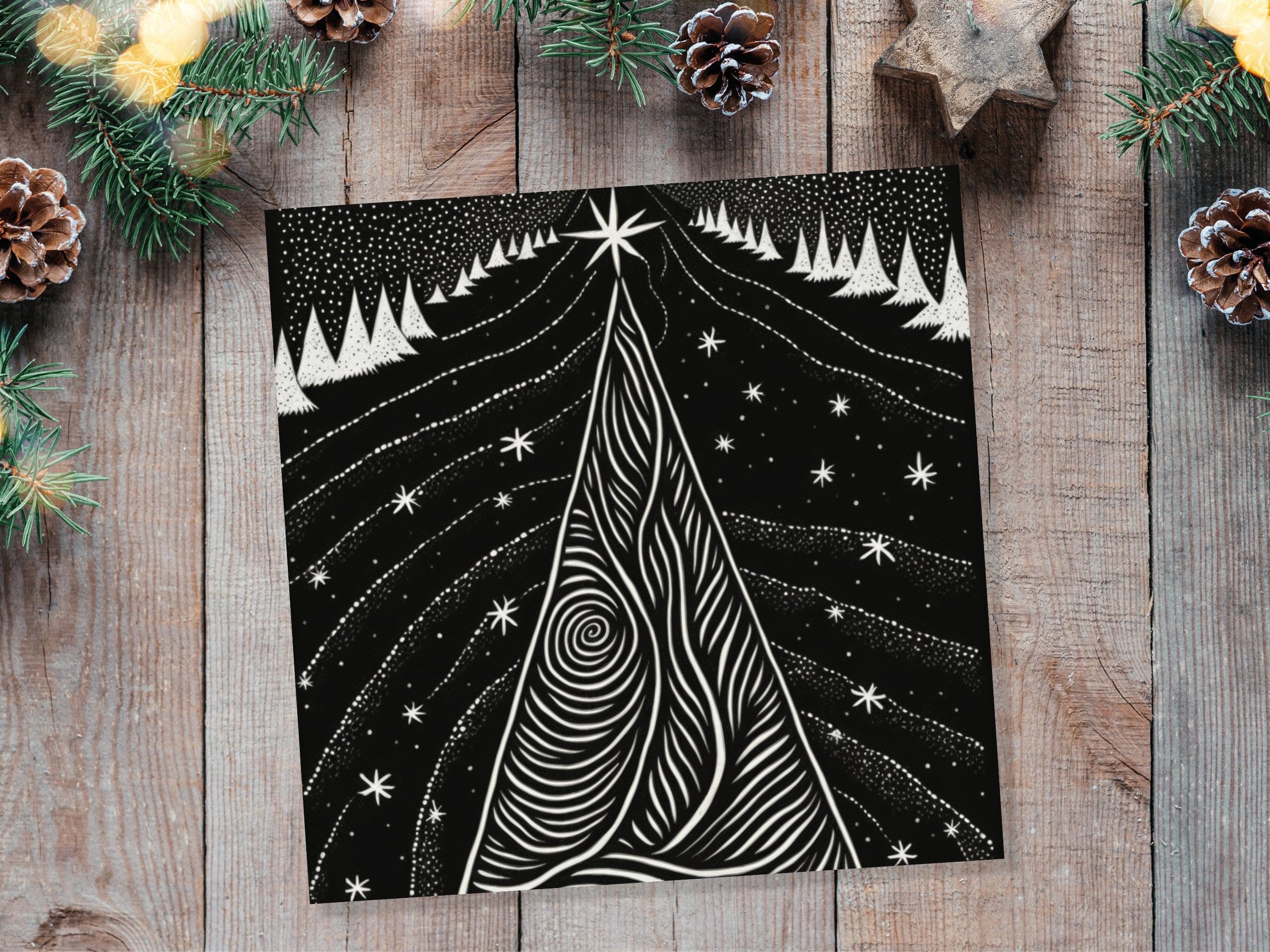 Black Christmas Tree Card Linocut Monochrome Magical Stars - Etsy