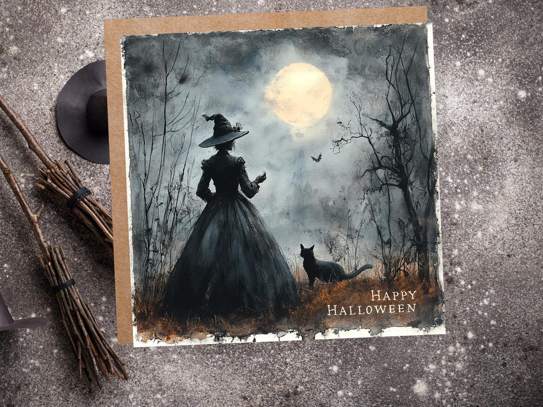 Witch Silhouette Halloween Greeting Card Unique Spooky Scene With Witch ...