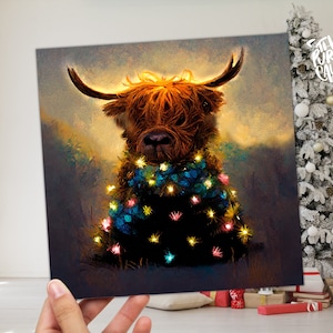 Highland Cow Christmas Card With Fairy Lights Funny Decorated Tree ...