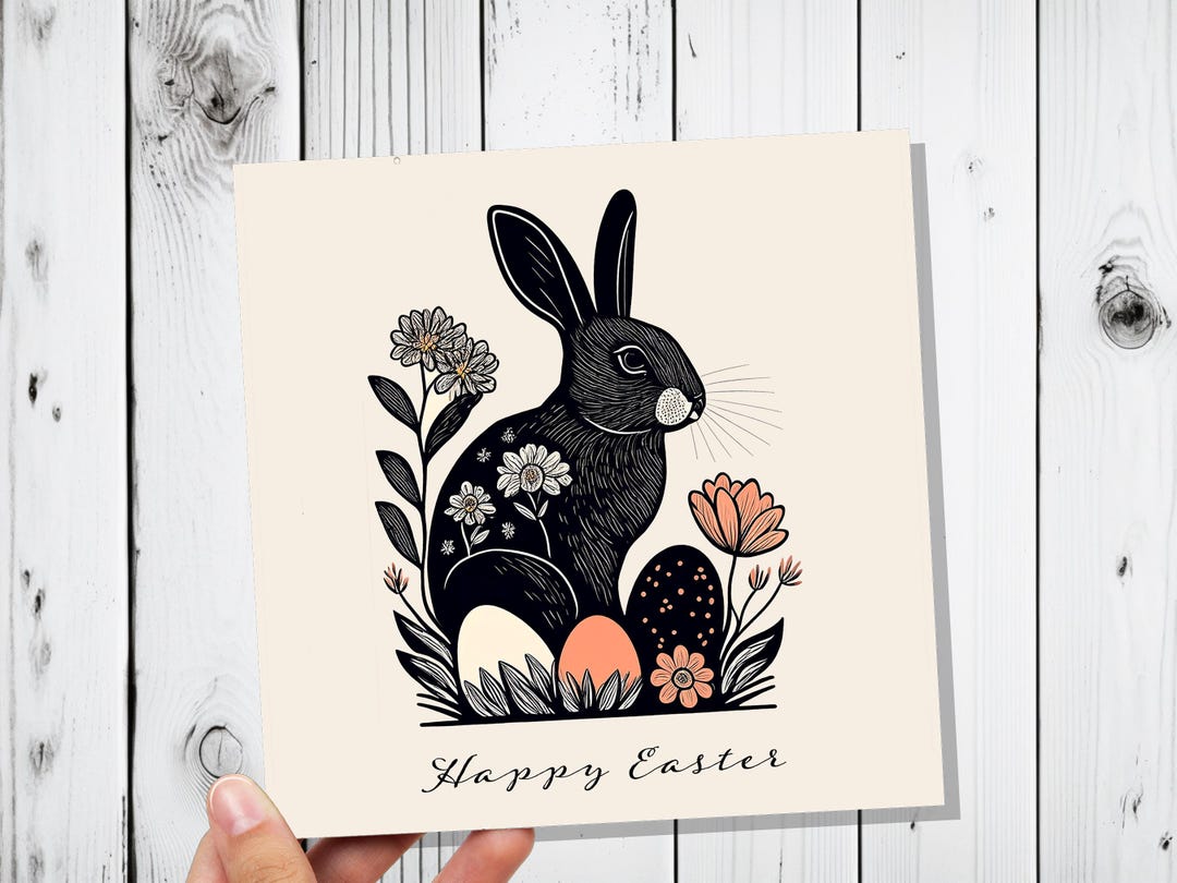 Linocut Easter Cards With Black Rabbit Happy Easter Card Pack Elegant ...