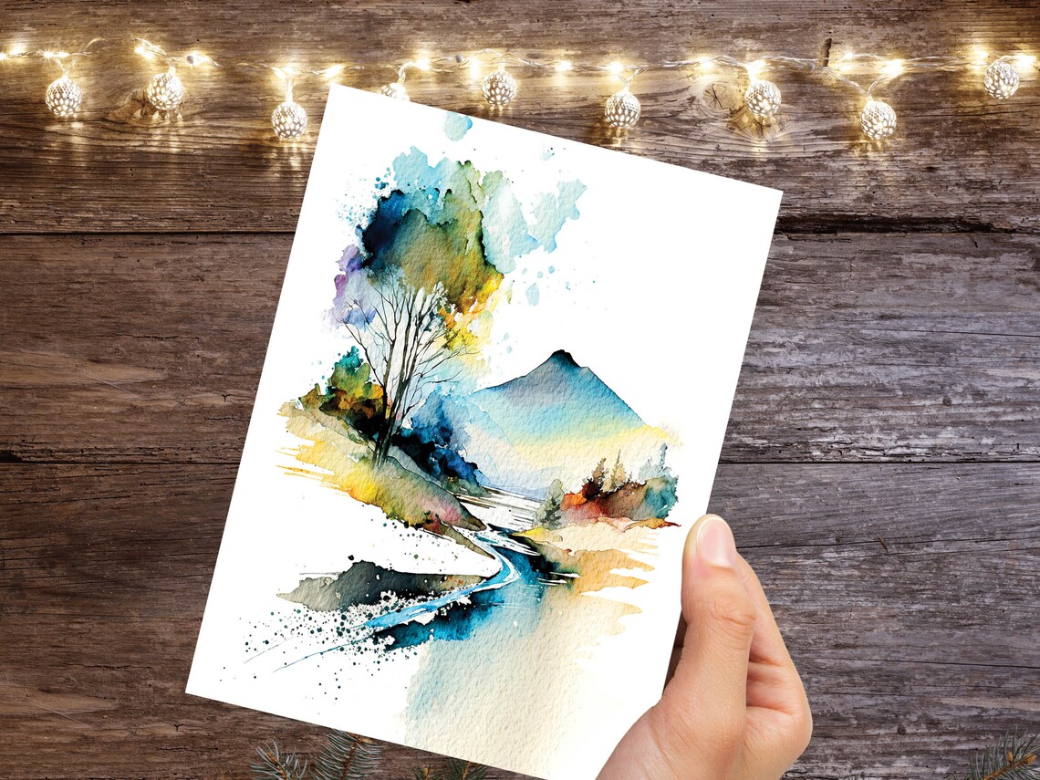 Mountain Card Watercolour Volcano Landscape Painting Scene Travel ...