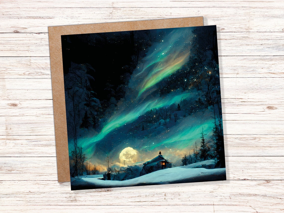 Aurora Borealis Card Northern Lights Moon Glowing Winter Sky ...