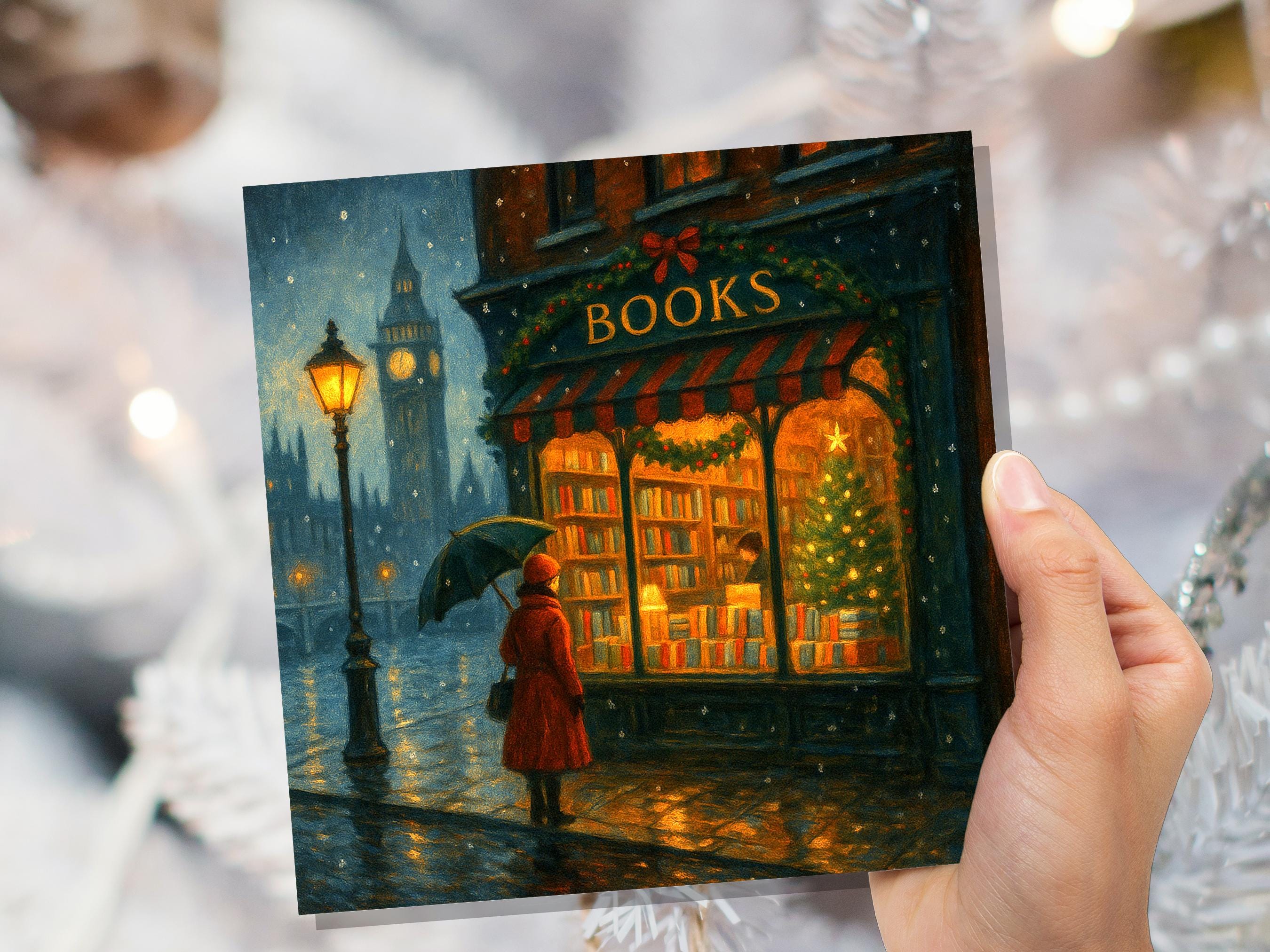 London Christmas Bookshop Card Big Ben Snow Scene Winter City Night ...