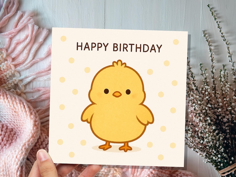Cute Happy Birthday Chick Card, Kawaii Baby Bird Illustration, Kids ...