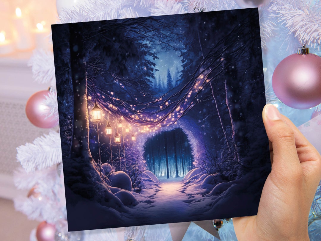 Winter Wonderland Christmas Card With Cosy Fairy Lights Snow Purple ...