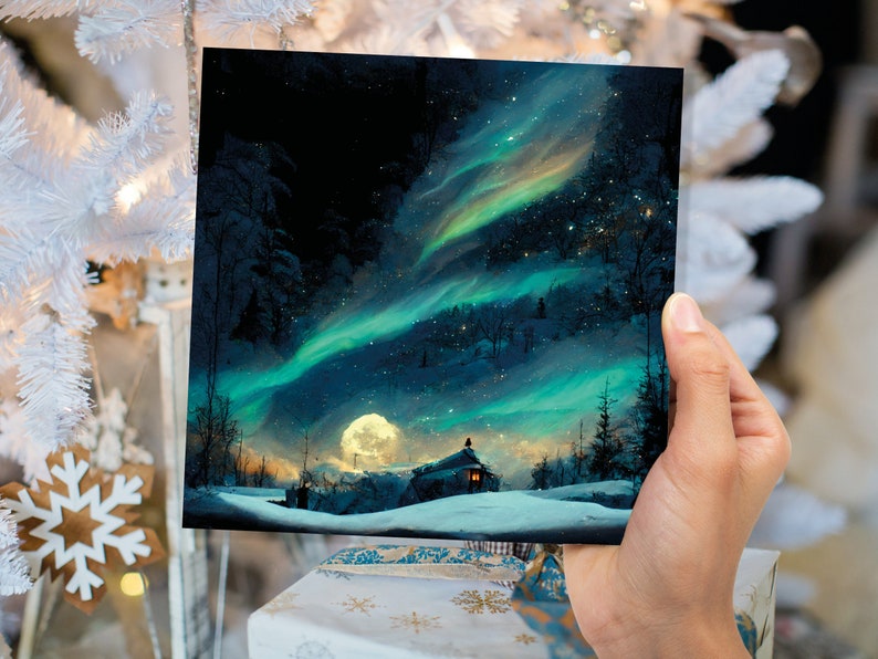 Aurora Borealis Card Northern Lights Moon Glowing Winter Sky - Etsy