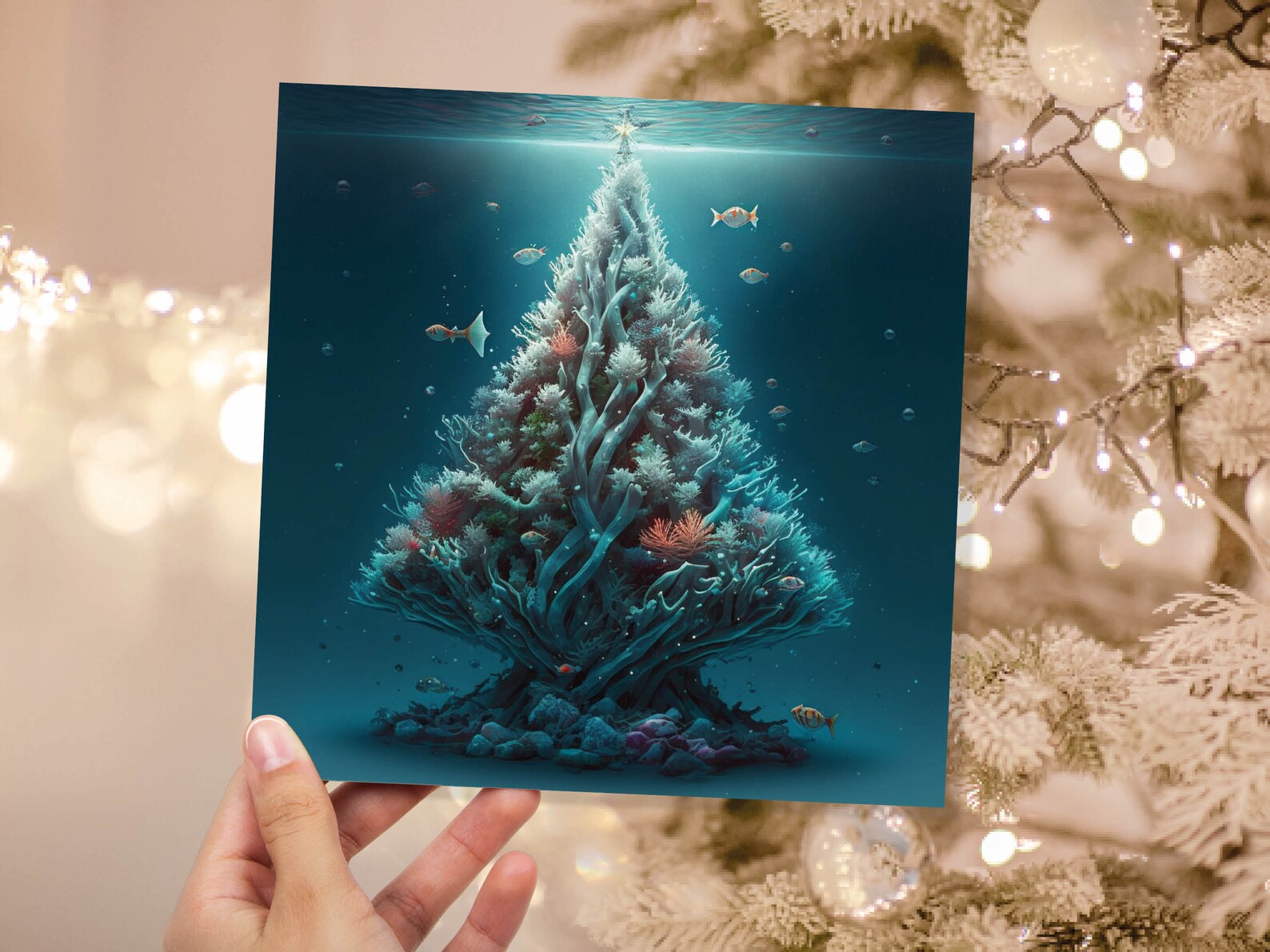 Underwater Coral Tree Card Ocean Marine Scene Blue Under the Sea Life ...