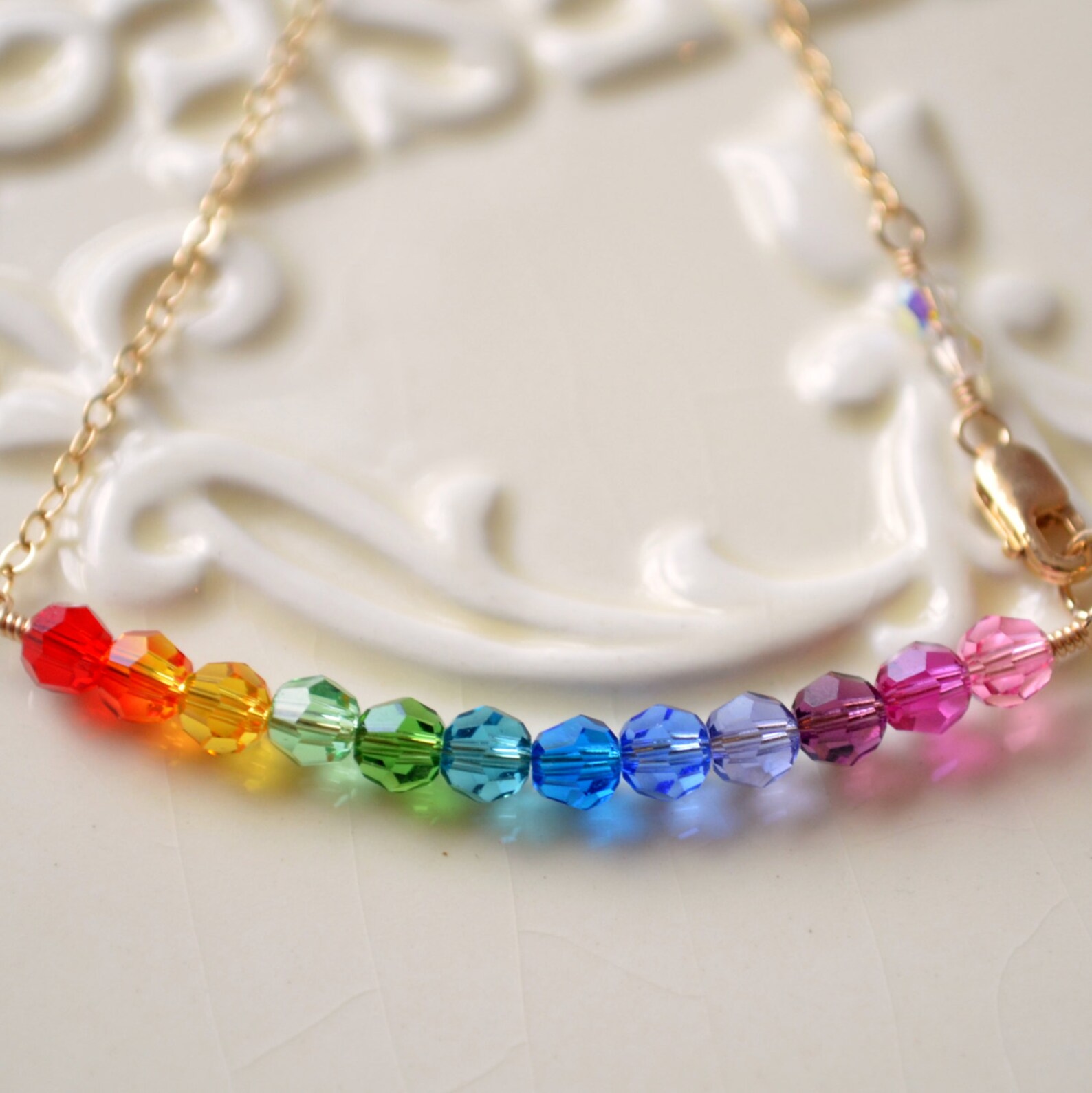 Delicate Rainbow Bracelet, Crystal, Colorful Beads, Fun Whimsical ...