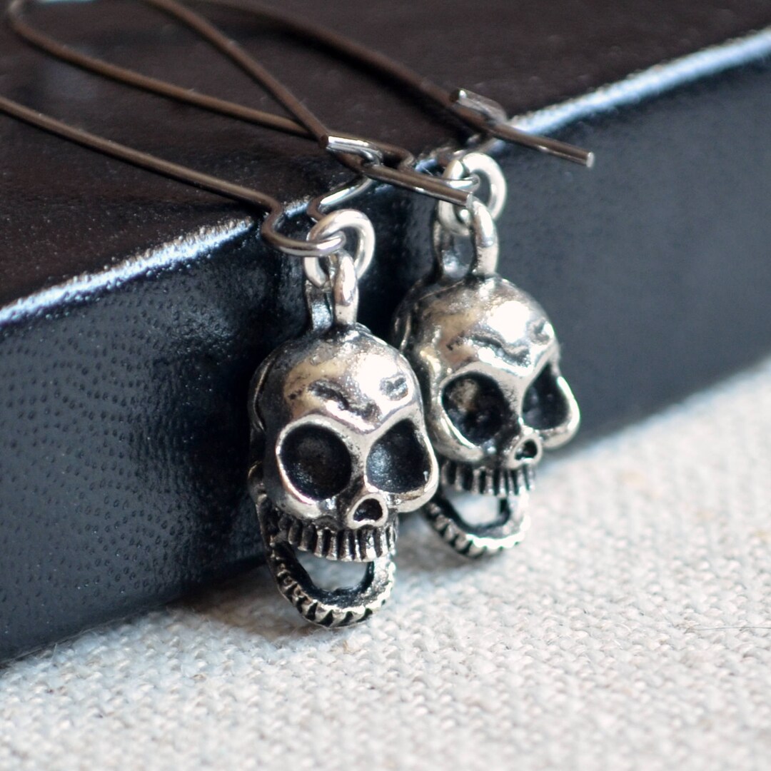 Skull Earrings, Antiqued Silver, Halloween Jewelry, Skeleton Beads ...