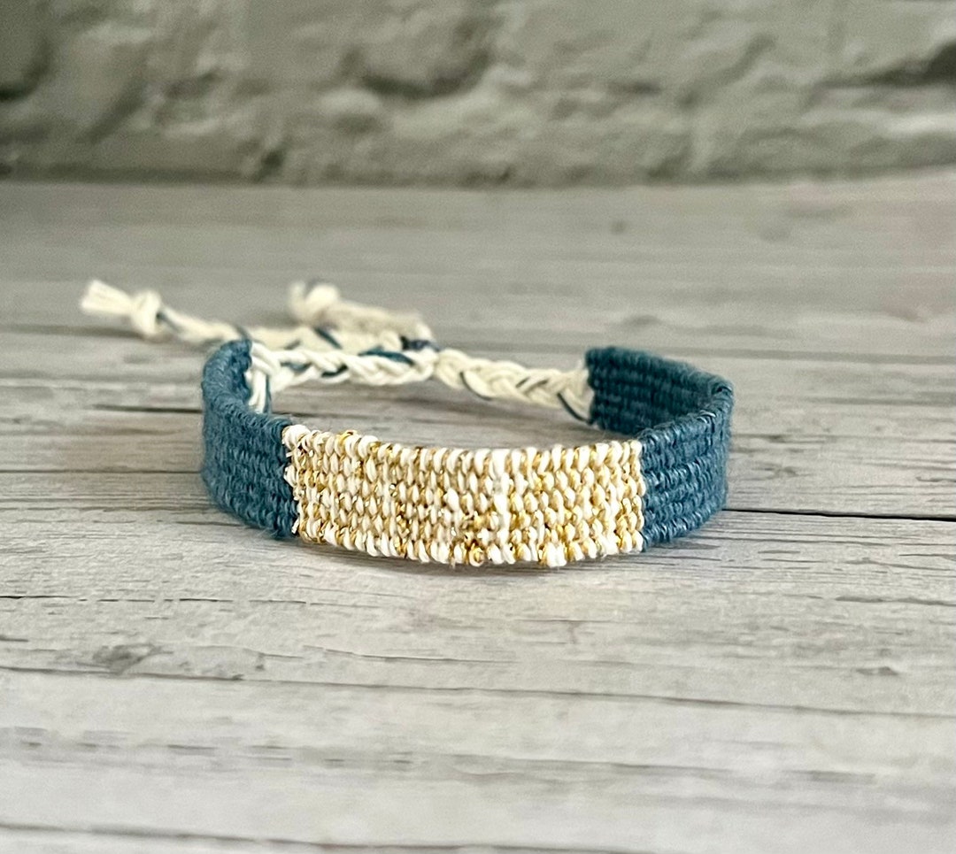 Linen Woven Bracelet Blue White Cream Metallic Gold - Etsy