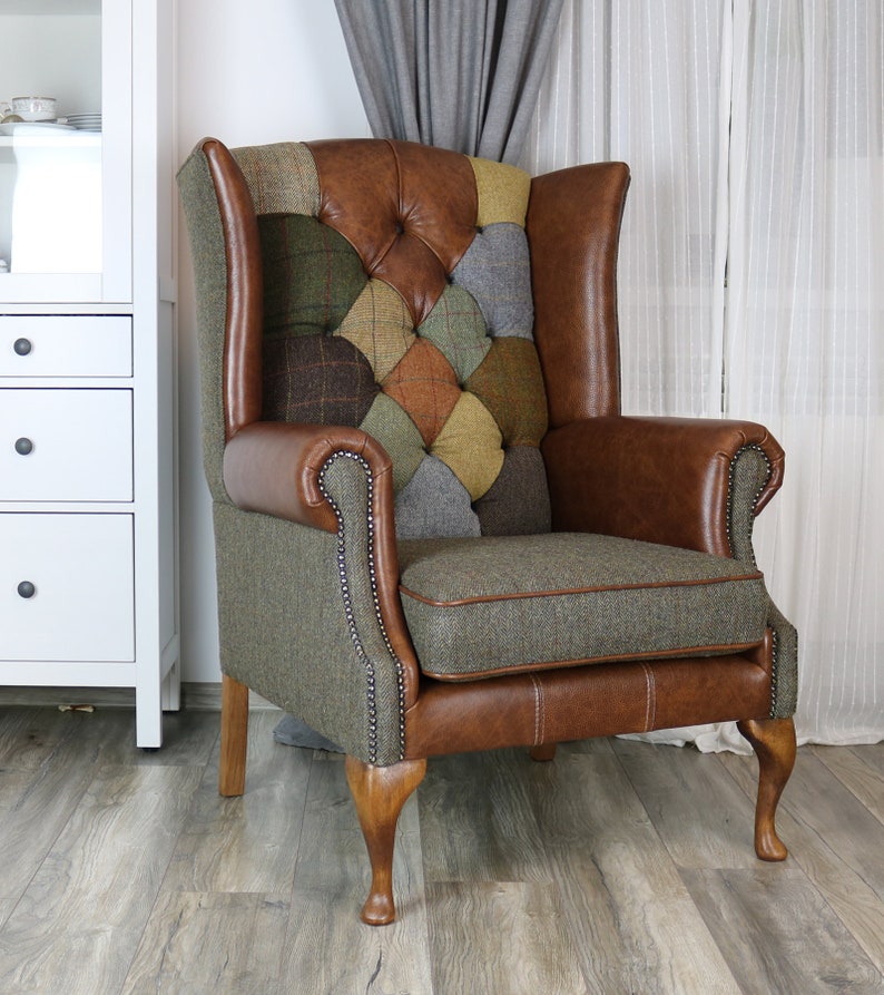 Harris Tweed Patchwork Chair With Head Rest Leather Patches - Etsy