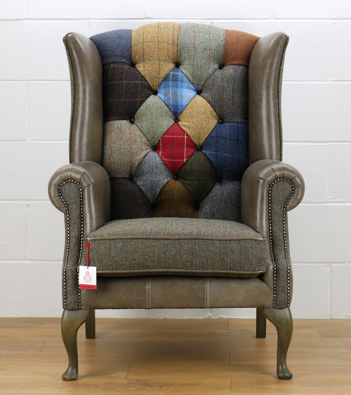 Harris Tweed Patchwork Chair C001YM Sage Grey Leather red | Etsy