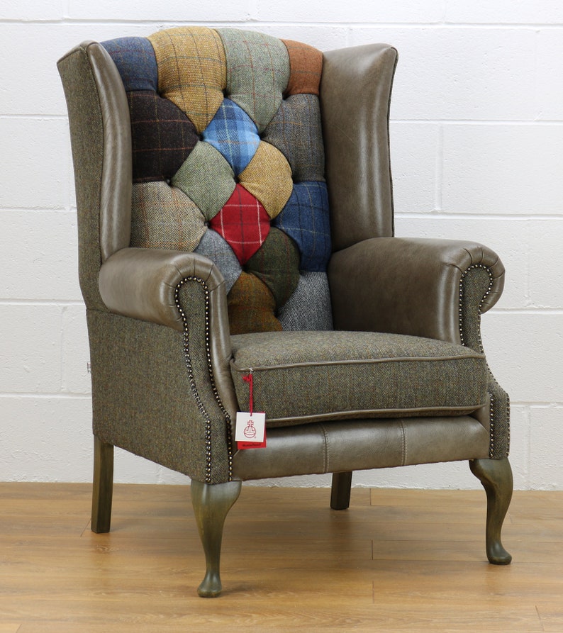 Harris Tweed Patchwork Chair C001YM Sage Grey Leather red - Etsy UK