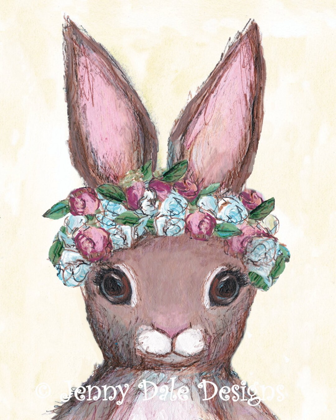 Bunny With Flower Crown: Bunny Nursery Art Print, Woodland Bunny Art ...
