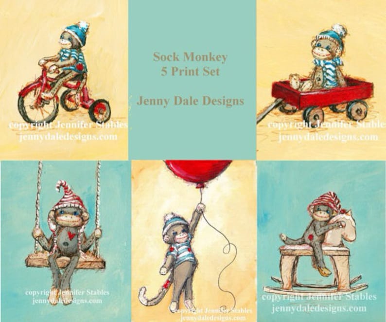 Sock Monkey Art, Nursery Art, Nursery Decor- Sock Monkey 5 Print ...