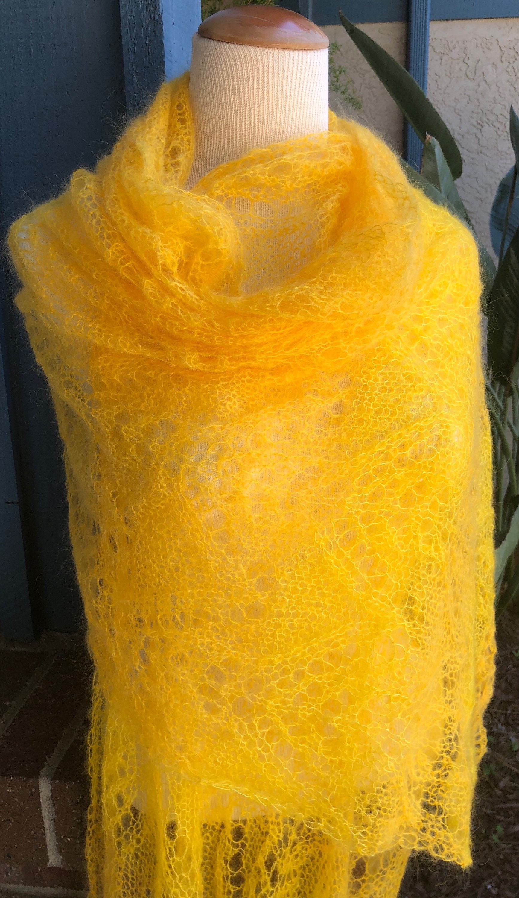Yellow Shawl, Knitted Extra Long Mohair Shawl, Two Shades of Yellow ...