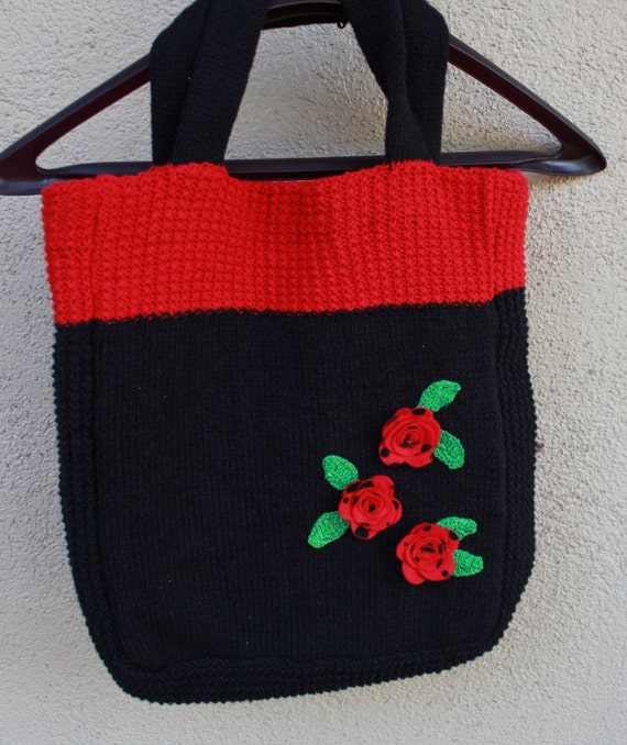Hand Knitted Purse Bag tote With Felt Roses Winter Bag | Etsy