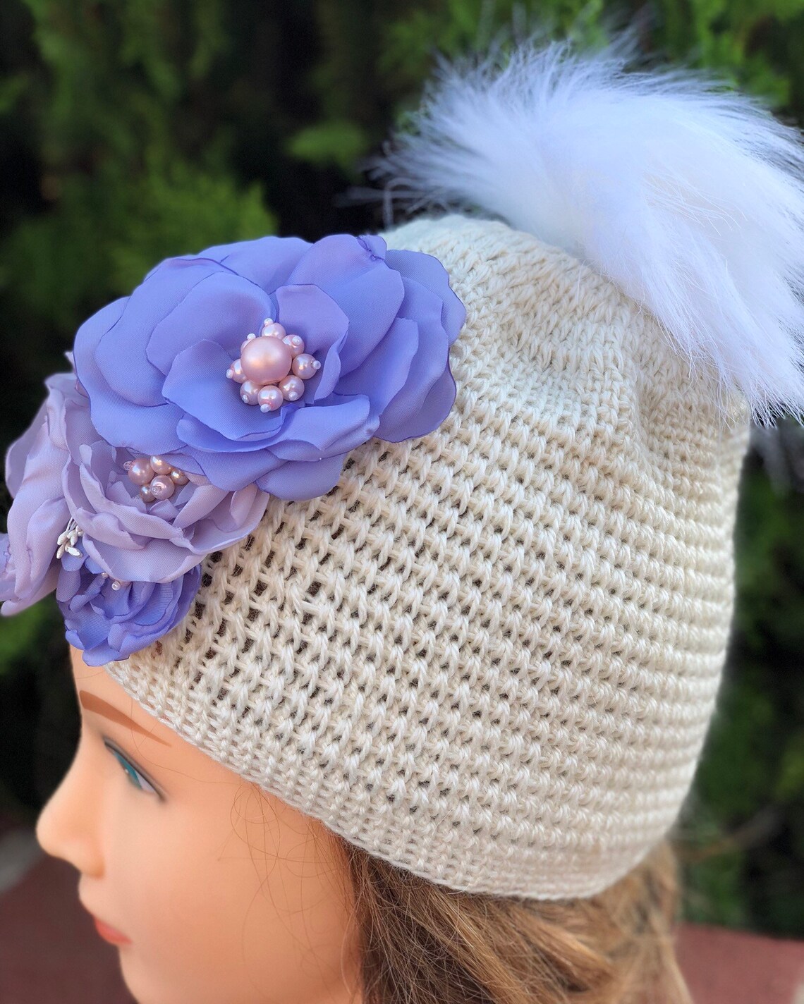 Girls Hat/ Crochet Hat With Silk Flowers,/wool Hat With Flower/ Hat ...