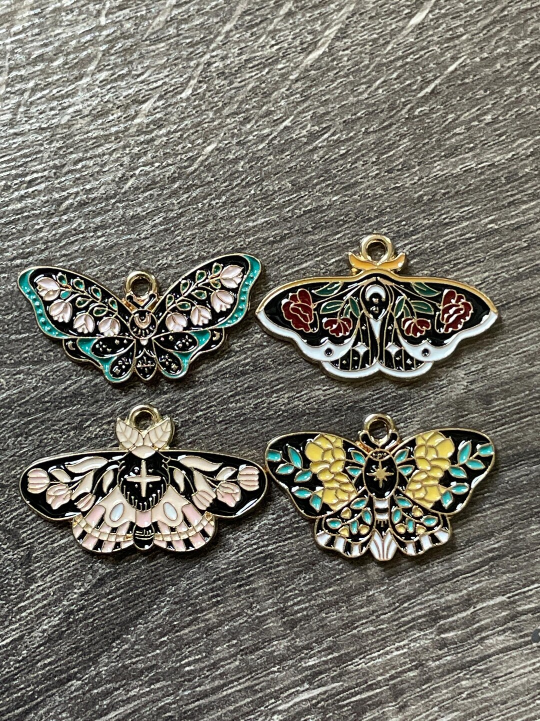 4 - Dark Moth Painted Enamel Insect Charms - Etsy